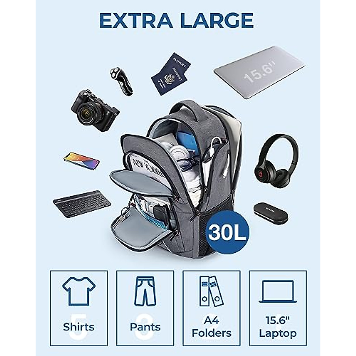 BAGSMART Travel Laptop Backpack, 15.6 inch Anti Theft Laptop Backpack With USB Charger Hole, Water Resistant Grey College bookbag for Women Men, Casual Daily Backpack for travel, Grey