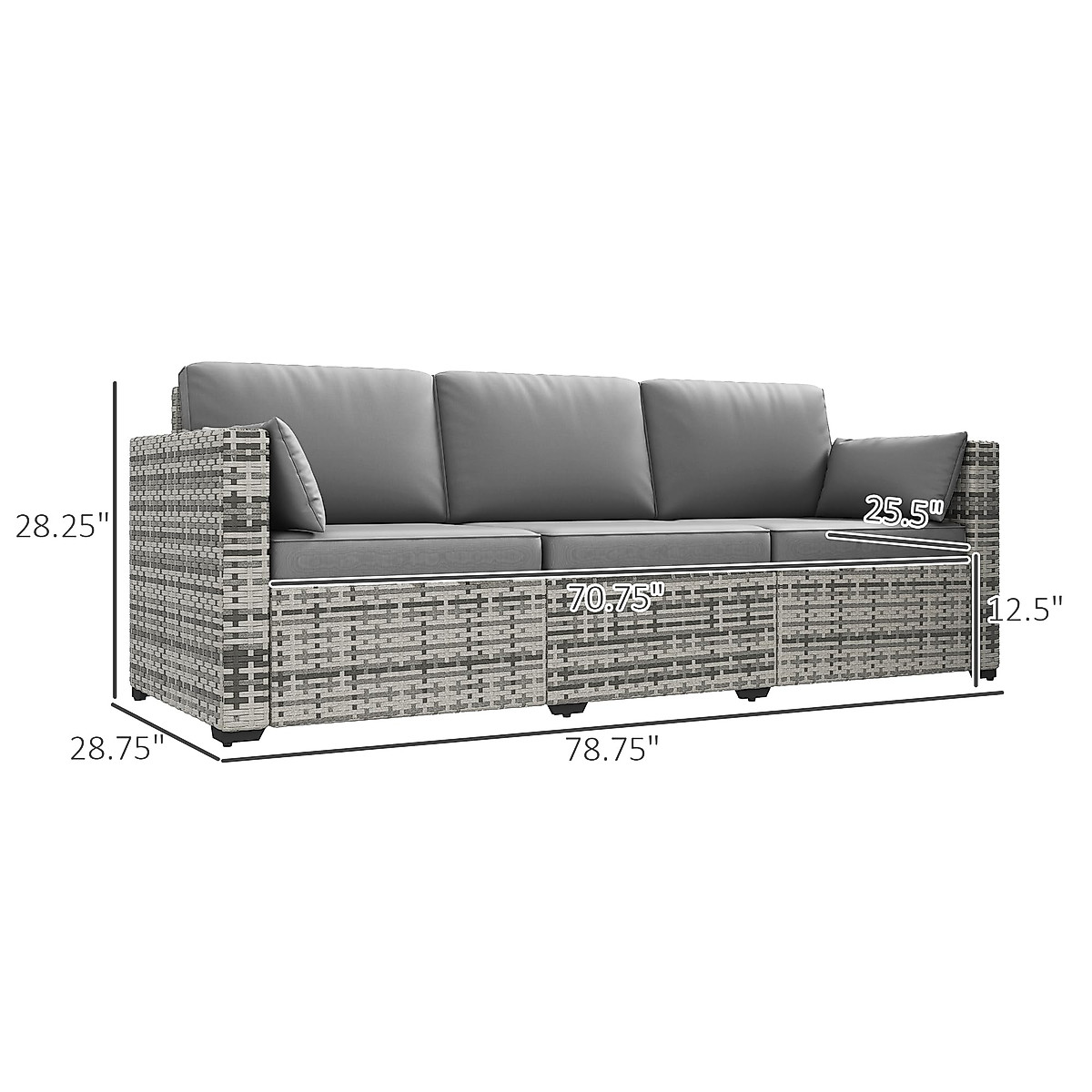 Wicker Patio Couch, PE Rattan 3-Seat Sofa, Outdoor Furniture with Deep Seating, Cushions, Steel Frame, Gray