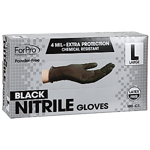ForPro Disposable Nitrile Gloves, Chemical Resistant, Powder-Free, Latex-Free, Non-Sterile, Food Safe, 4 Mil, Black, Large, 100-Count
