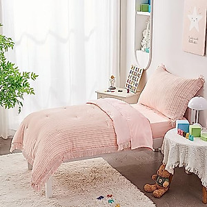 SUCHDECO Light Coral Toddler Bedding Set for Girls Pink Comforter Sets with Jacquard Stripes, Tassel Fringe 4 Pieces - Comforter, Fitted Sheet, Flat Sheet, Pillowcase