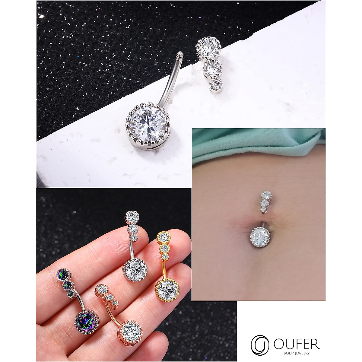 OUFER 316L Surgical Steel Belly Button Rings Clear CZ Navel Rings Belly Rings Belly Piercing