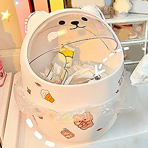Storage Bucket Desktop with Lid Trash Can Mini Kawaii Cute Bear Trash Bin Storage Box Girl Pen Holder Storage Bucket with Top - White
