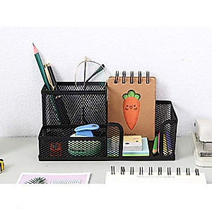 2 Pack Black Pen Holder Mesh Desk Organizer Office Supplies Caddy with Pencil Holder and Storage Baskets for Desk Accessories, 3 Compartments