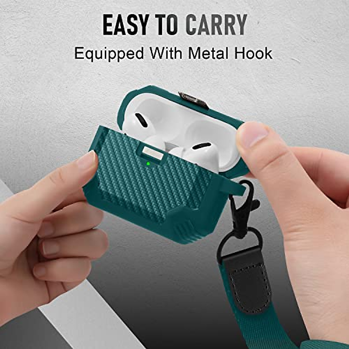 Youskin Airpod Pro Case Cover With Secure Lock Clip,Military Armor Series Full-Body Shockproof Hard Shell Protective for Men Women with Keychain Carabiner,Carbon Fiber Airpod Case for AirPod Pro,Green