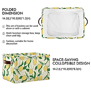 Beige Lemons Fabric Storage Bin with Leather Handles Deorative Basket for Shelves Closet Collapsible Storage Cubes Box Organizer Containers