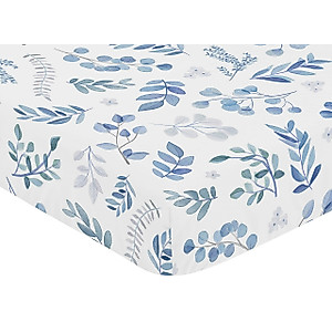 Sweet Jojo Designs Floral Leaf Boy or Girl Fitted Crib Sheet Baby or Toddler Bed Nursery - Blue Grey and White Boho Watercolor Botanical Flower Woodland Tropical Garden