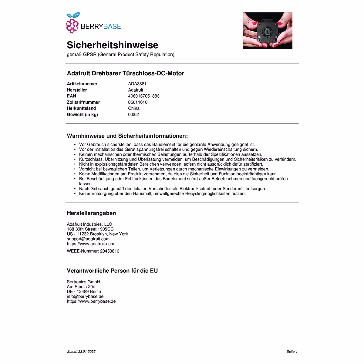 Adafruit Rotating Door Lock DC Motor (3881)