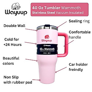 Wayuup 40 oz Tumbler with Handle and Straw Lid, Stainless Steel Vacuum Insulated Double Wall Water Bottle Leak-proof, Non Slip more than 24 Hrs or Hot for 6 Hrs (Flamingo), WPM40