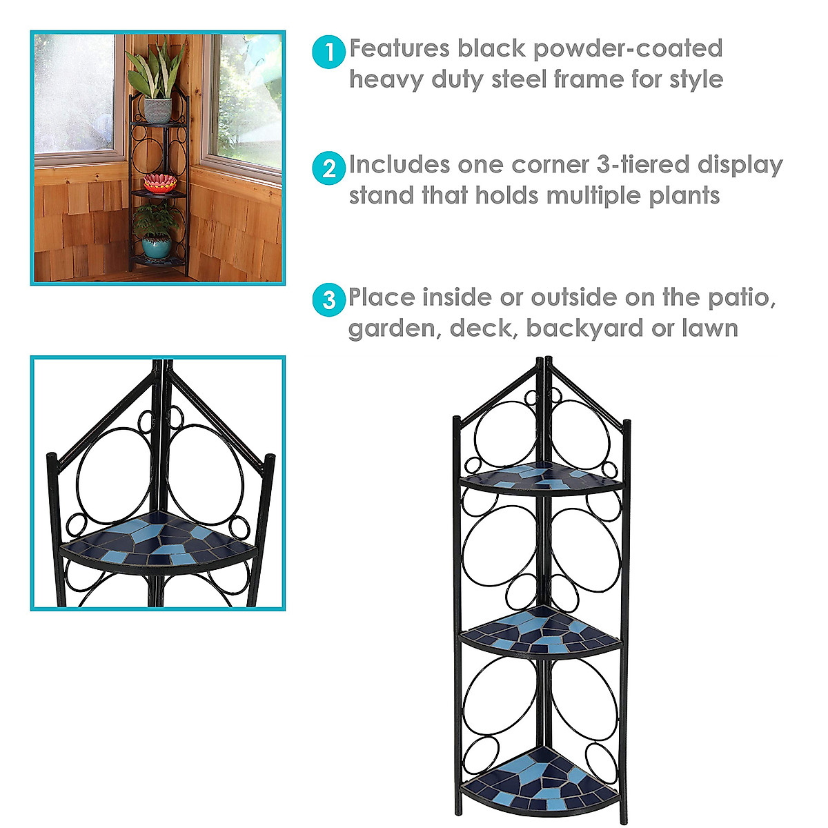 Sunnydaze 44" 3-Tier Outdoor Metal Corner Folding Mosaic Plant Stand - Blue