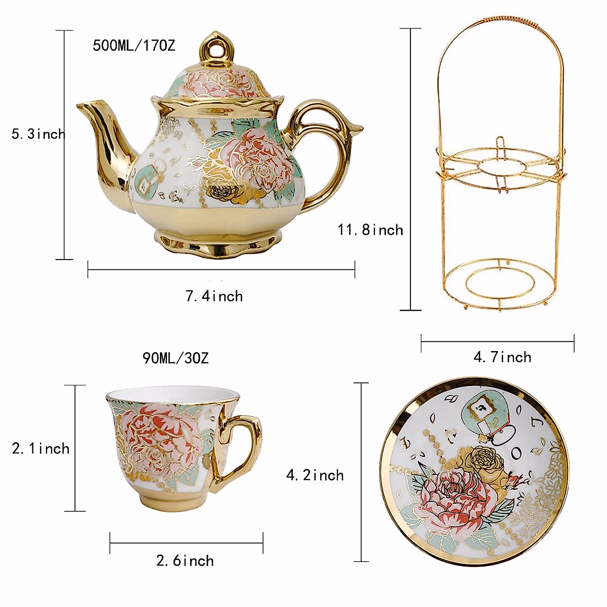 CHANJOON Gold Plated Red Rose Ceramic Tea Set, Vintage Tea Set with Teapot, Beautiful Tea Set Coffee Serving 6 People (Golden, Medium)