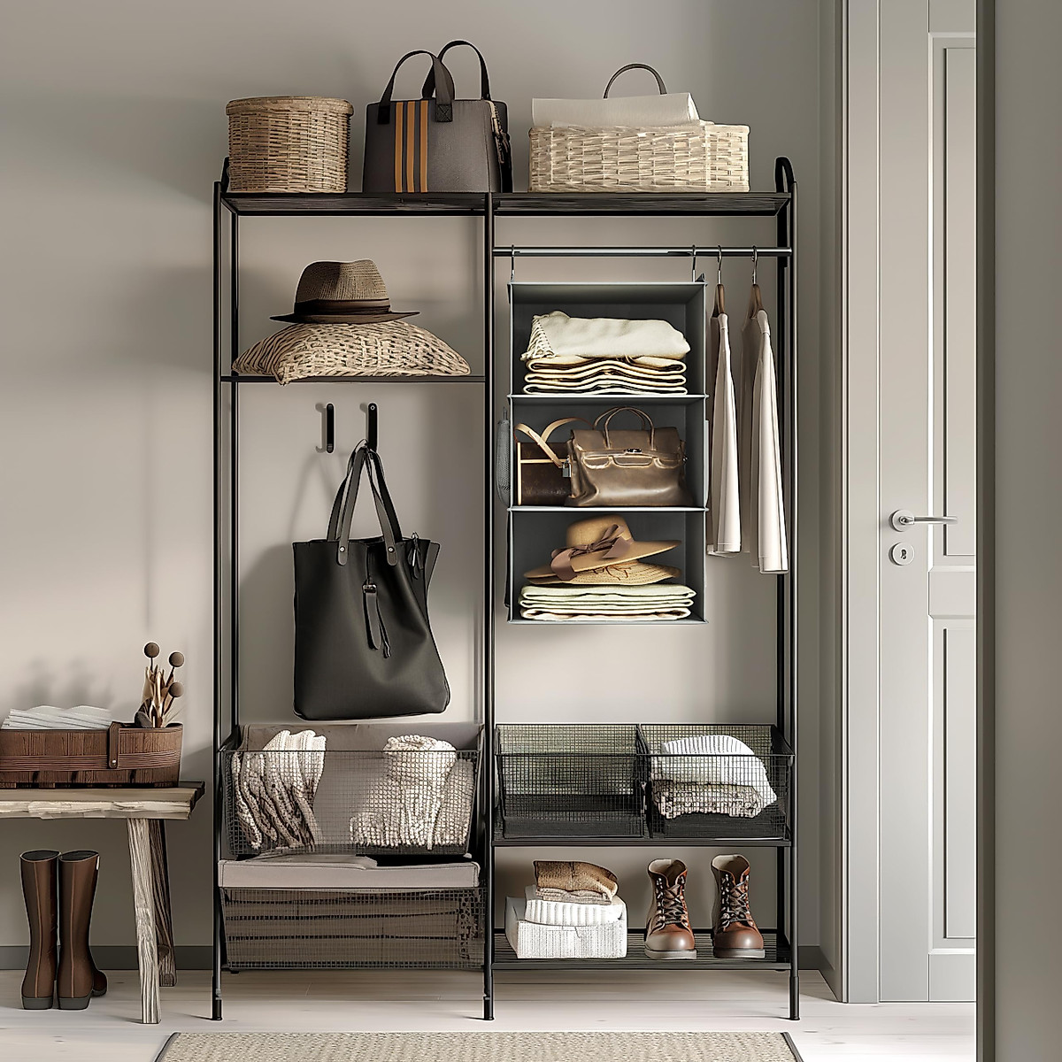 LayerSpace Space-Saving Hanging Closet Organizer - Versatile Storage for Clothes, Travel, Bedroom - 3-Shelf Heavy-Duty Design - Set of 2, Grey