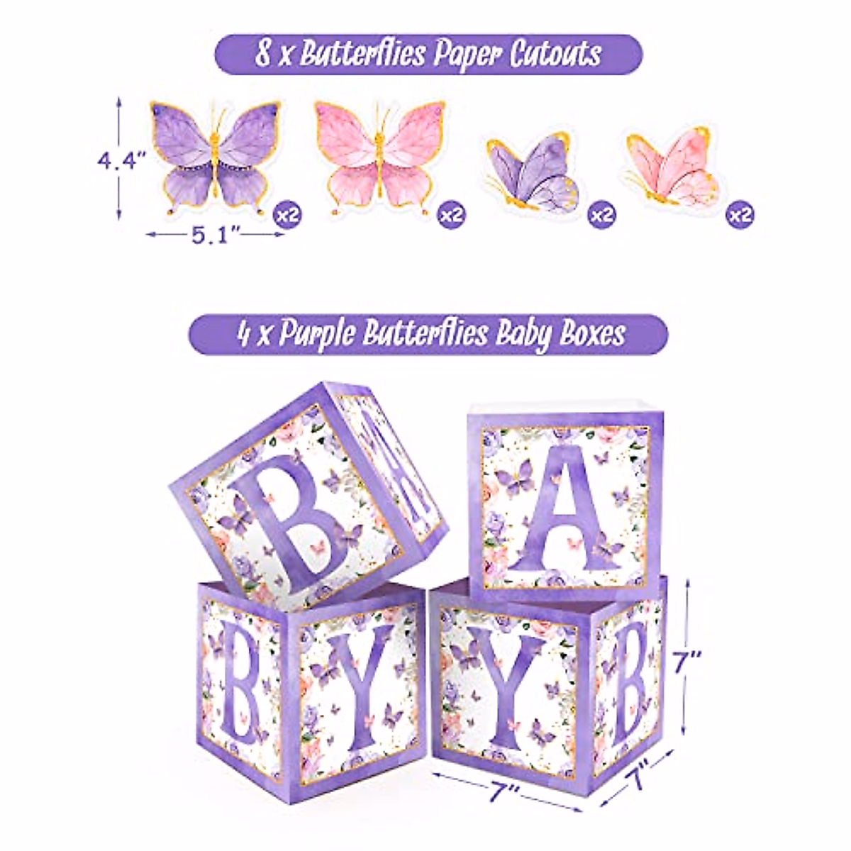 Levfla Purple Butterfly Baby Centerpiece Boxes with Butterfly Cutouts, Party Floral Arrangement, Baby Shower Table Decoration without Flowers, Set of 4 Blocks & 8 PCS Butterfly Cardstocks
