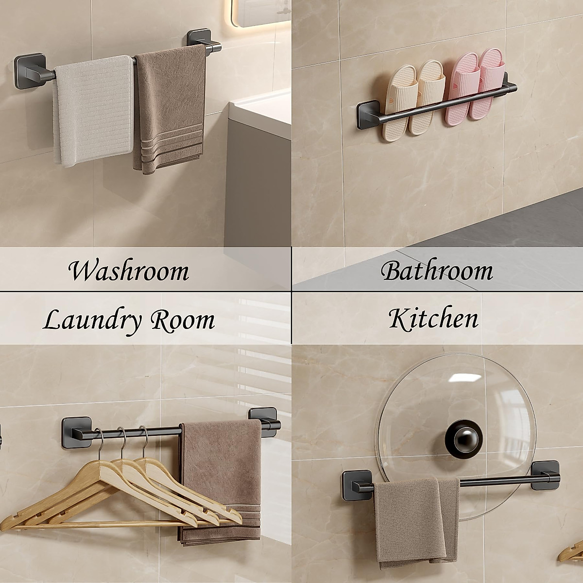 Towel Rack for Bathroom, Dr.DJ Kitchen Towel holder Wall Mount, Hand Towel Holder for Bathroom, Toilet, Towel Hanger for Kitchen Cabinet Doors, Bathroom Accessories with Adhesive Pads, Black(set of 2)