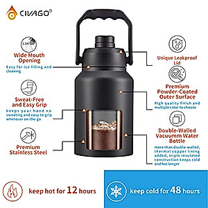 CIVAGO Half Gallon Insulated Water Bottle Jug with Handle, 64 oz Stainless Steel Sports Water Flask, Large Metal Canteen Growler, Black