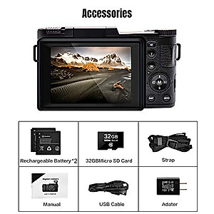 CEDITA 2.7K Digital Camera Vlogging Camera 30MP Full HD Digital Camera with Retractable Flash Light Camera 3 Inch Flip Screen Vlogging Camera for YouTube with Two Batteries, Black