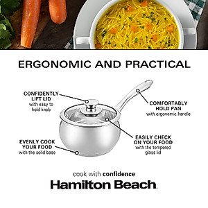 Hamilton Beach Sauce Pan Stainless Steel 2 Quart with Glass Lid, Ergonomic Handle, Multipurpose Sauce Pan with Lid, Small Pot for Cooking