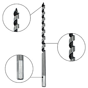 Coufce 1/2" Diameter Auger Drill Bit 12" Ship Auger Long Drill Bit 3/8" Hex Shank Long Drill Bits for Wood Hole Cutter in Hardwood, Softwood, and Composite Materials