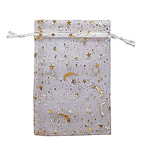 SUNGULF 100Pcs 4x6 Inches Sheer Organza Drawstring Pouches Stars and Moon Wedding Party Favor Jewelry Candy Gift Bags (White)