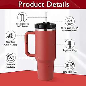 Ochapa 40 oz Tumbler with Handle Straw Lid Insulated Stainless Steel Vacuum Reusable Keep Drinks Cold Coffee Cup Holder Friendly Gifts for Women Men Lover Car Gym Travel, Brown Red