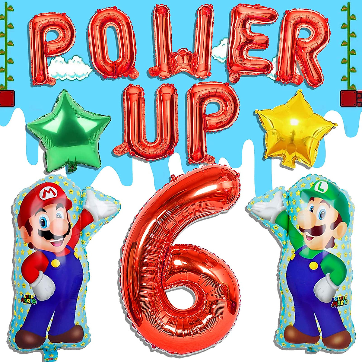 12 PCS Super Birthday Balloons Brothers theme Birthday Decoration with POWER UP Letter Balloons For Birthday Party (RED-06)