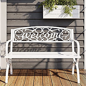 BELLEZE Outdoor Bench, 50-inch Patio Outdoor Garden Bench Cast Iron Metal Loveseat Chairs for Park, Porch, Lawn, Balcony, Backyard, Garden Accessories Antique Seat Furniture Welcome Design, White