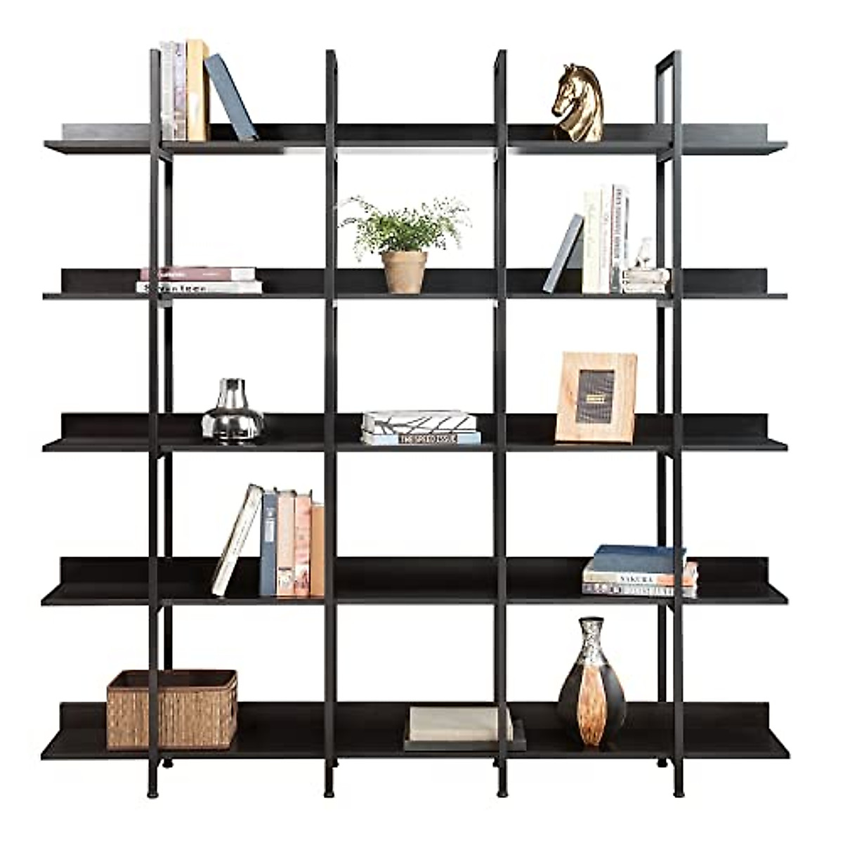 KIVENJAJA Triple Wide 5-Tier Bookshelf, Industrial Display Bookcase with Metal Frame, Tall Open Storage Book Shelves for Bedroom, Living Room, Home Office (Black)