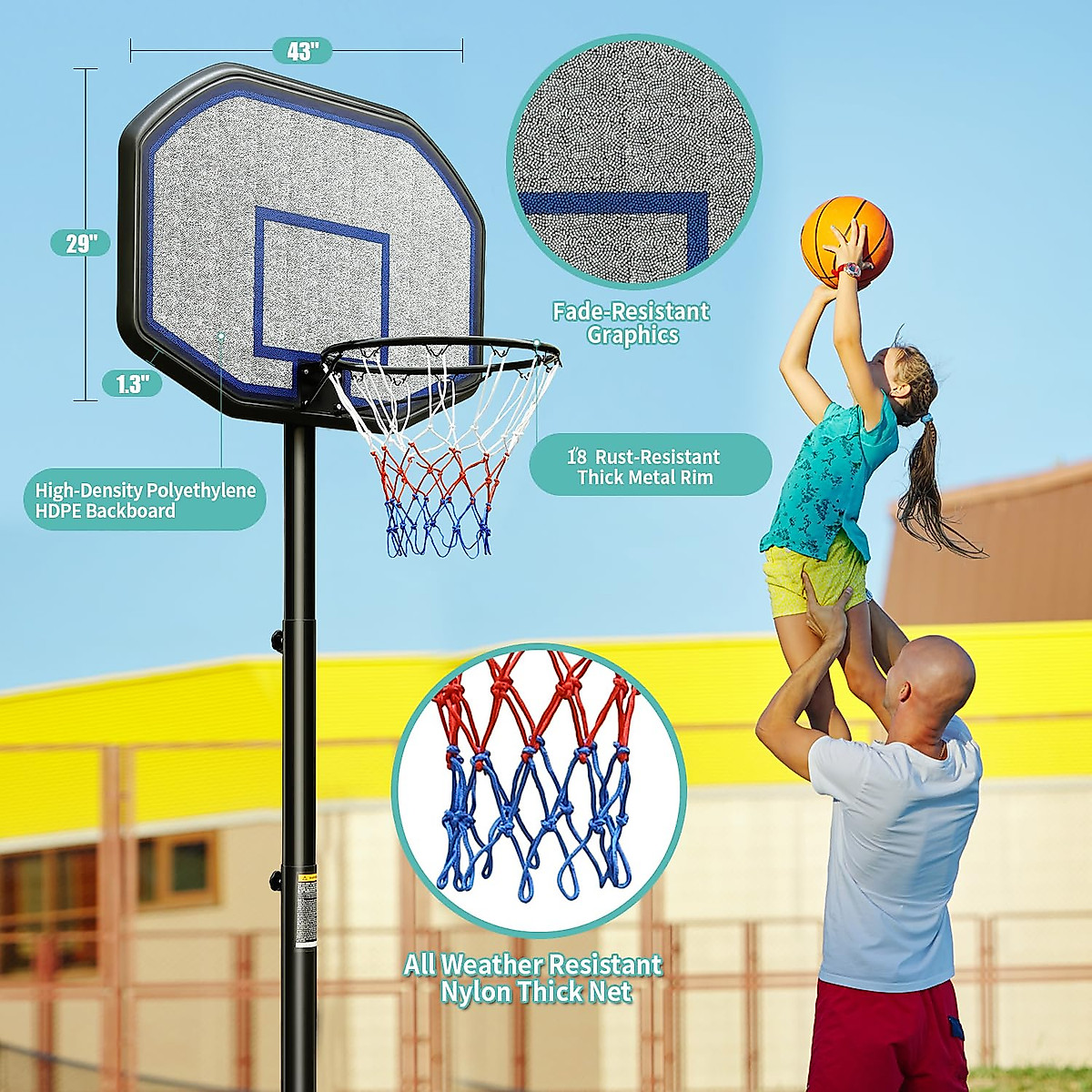 Pro Court Portable Basketball Hoop 10ft Adjustable Basketball Hoop Goal System 43in HDPE Shatterprooft Backboard for Kids/Adults in Backyard Indoor Outdoor Sports