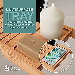 Home Intuition Expandable Bamboo Bathtub Tray Caddy (27.75-41.5 Inches) Luxury Bath Tub Tray Table Bathtub Caddy Bath Accessories for Women & Men Bath Tray Shelf with Book & Wine Holder