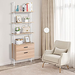 WEI WEI GLOBAL 3 Tiers Industrial Wall-Mounted Bookshelf with 2 Wood Drawers & Matte Steel Frame, Oak