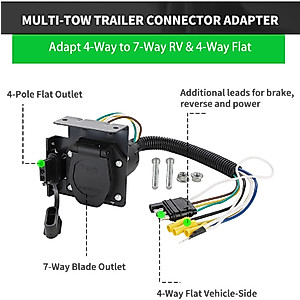 MECMO Multi-Tow 4-Way Flat to 7-Way RV Blade and 4-Way Flat Female End Trailer Wiring Adapter Connector Kit, 4 Pin Vehicle-Side Trailer Light Plug to Dual-output 7 Blade & 4 Flat with Mounting Bracket