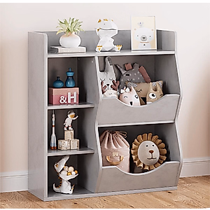 SUNNYFURN Kids 3-Tier Toy Storage Organizer Kids Bookshelf Double Side Toy Shelf Gray- 5 Compartment Bookshelf & Toy Shelf for Kids' Room, Bedroom, Living Room, and Kindergarten - for Toys and Books