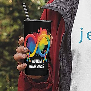 Autism Awareness Infinity Ribbon 20 OZ Stainless Steel Tumbler Travel Car Coffee Mug with Straw Lid Cleaning Brush Coffee Tumbler Mug for Women Men
