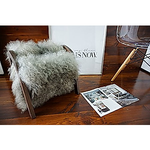 MILABERT Oak Wood Magazine Rack with Genuine Silver Norwegian Pelssau Sheepskin Rug - Soft Curly Wool - Design Furniture (MR11)