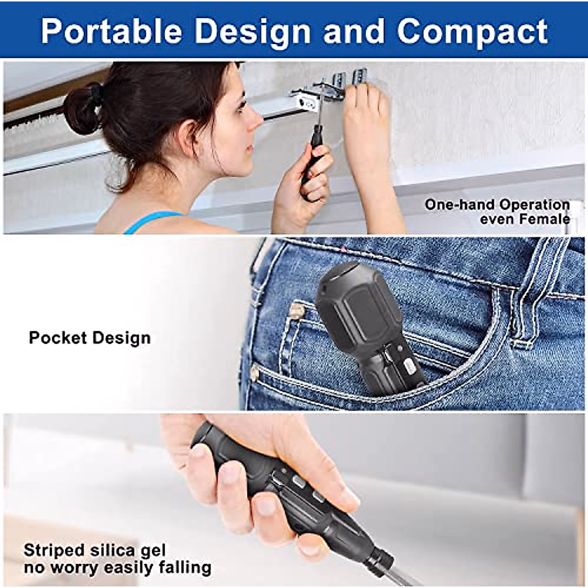 Electric Screwdriver Cordless, GOSLMYY Rechargeable Portable 3.6V Automatic Rotational Repair Tool Screw Driver with LED Light, 6.35mm Dual Heads Bit, USB Charging Cable