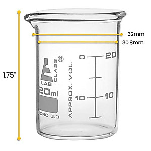 EISCO 12PK Beakers, 20ml - ASTM - Low Form with Spout - Dual Scale, White Graduations - Borosilicate 3.3 Glass