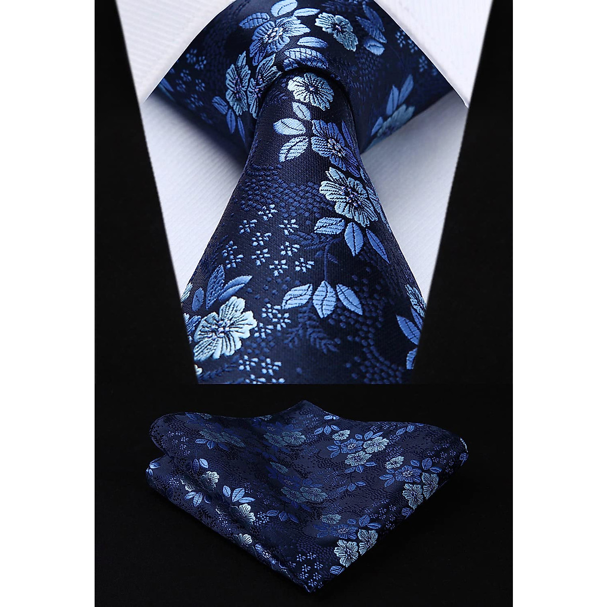 HISDERN Men's Floral Tie Handkerchief Jacquard Woven Classic Men's Necktie & Pocket Square Set,Navy Blue,8.5cm / 3.4 inches in Width