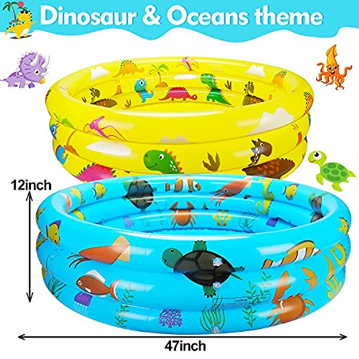 2 Packs Toddler Pools 47" Inflatable Baby Pool Dinosaur Sea Pool for Kids 3 Ring for Outside Kiddie Swimming Pool for Backyard Boys Girl Play Water Summer Toys Indoor Outdoor Age 3 4 5 Years Old