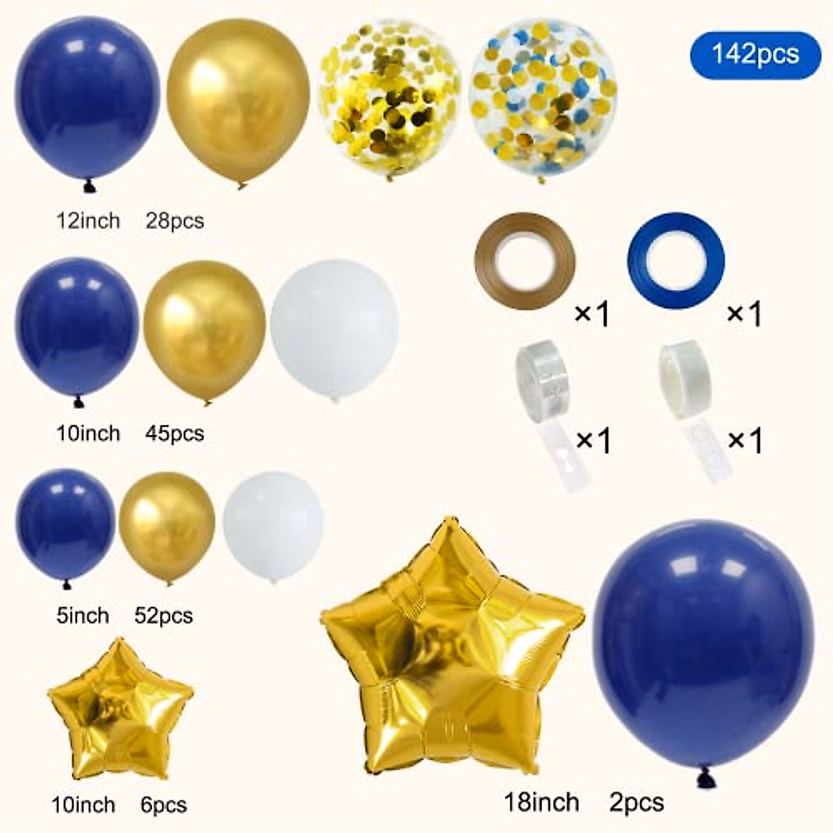 JULLIZ 148pcs Navy Blue Gold Balloon Arch Garland, Royal White Gold Confetti Balloons for 2023Graduation Shower Wedding Birthday Classroom Decoration
