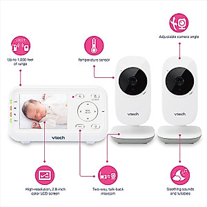 VTech VM3252-2 2.8” Digital Video Baby Monitor with 2 Cameras and Automatic Night Vision, White (Renewed)