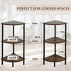 Ymesiyou 3 Tier Corner Shelf Stand, 28 Inch Rustic Industrial Corner Bookshelf, Storage Standing Shelf Unit, Plant Stand, Short Corner Table for Small Spaces in Living Room,Bedroom,Home Office