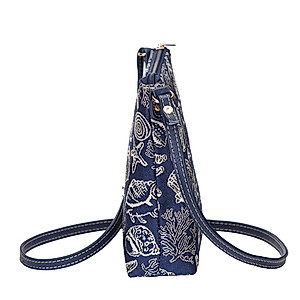 Signare Tapestry Small Crossbody Bag Sling Bag for Women with Navy Blue Sea Shell Design (SLING-SHELL)