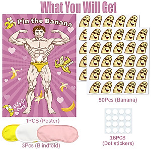 QINGRUIGO Bridal Shower Games Pin The Banana on The Hunk,Wedding Engagement Girls Night Pin The Ring Game 50 Stickers Includes Large Poster Single Girl Party Night Games