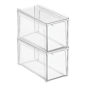 mDesign Plastic Stackable Bathroom Storage with Pull Out Bin Organizer Drawer for Cabinet, Vanity, Shelf, Cupboard, Cabinet, or Closet Organization - Lumiere Collection - 2 Pack - Clear