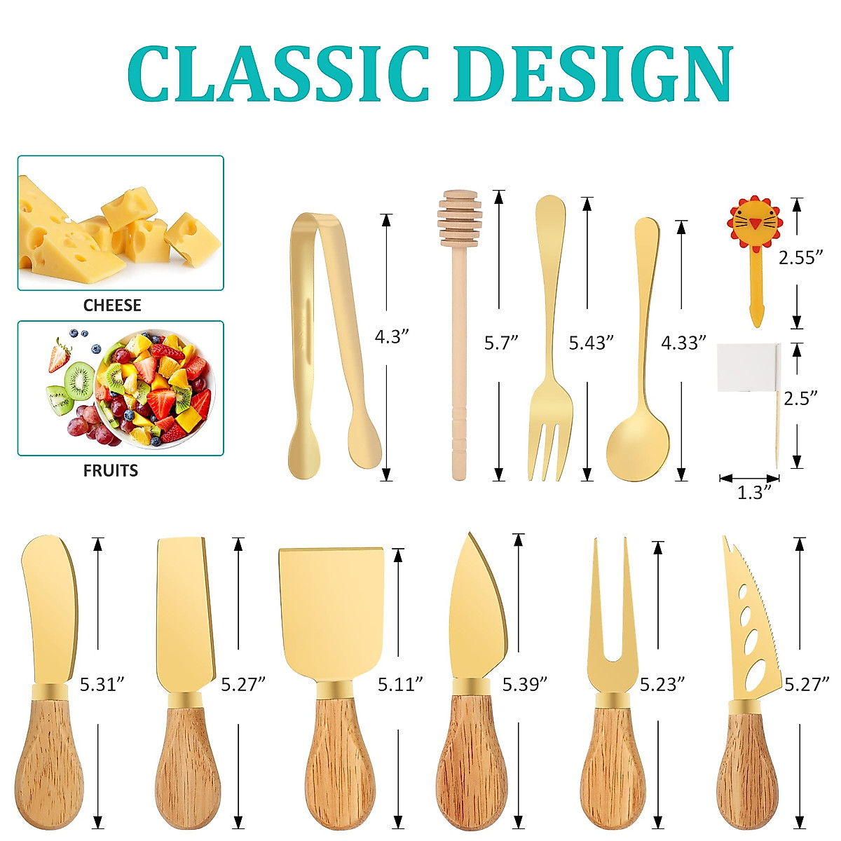 Cheese Knife Set Gold Charcuterie Board Accessories Wooden, Serving Utensils Wood Handle Butter Spreader Knives Kit With Mini Tongs, Spoon, Fork, Flags Markers, Honey Dipper And Food Picks (25 Pieces)