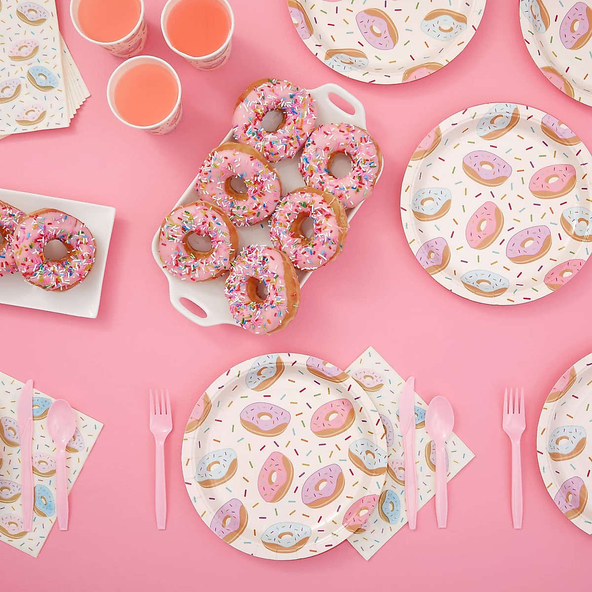 Juvale 144 Piece Donut Grow Up Party Supplies - Serves 24 Sprinkle Paper Plates, Napkins, Cups and Cutlery for Two Sweet Birthday Decorations