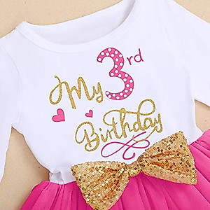 My 1st 2nd 3rd Birthday Party Dress for Baby Girl Princess Pageant Party Sequin Bow Tutu Dress Headband Infant Toddler Playwear Dress Ruffle Skirt Cake Smash Outfit 001 Hot Pink - 3rd Birthday 3 Years