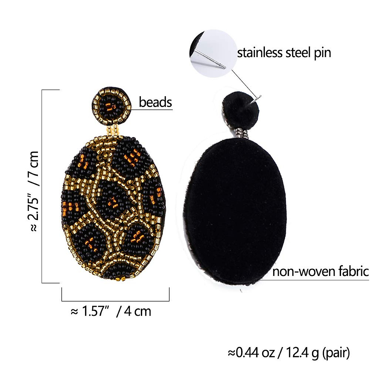 Women's Boho Handmade Beaded Drop Dangle Earrings Oval Leopard Bohemian Statement Jewelry (Gold)