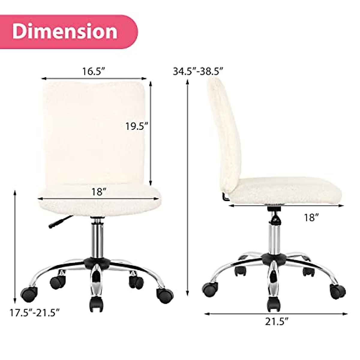 Giantex Faux Fur Office Chair, Armless Home Desk Chair, Height Adjustable Swivel Cute Chair, Middle Back Chair w/Chrome Base, Modern Fuzzy Vanity Chair, Rolling Task Chair for Study Bedroom (Ivory)