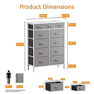Casaottima Dresser with Charging Station, 52-Inch Tall Dresser for Bedroom, Large Dresser with 11 Storage Drawers, Fabric Chest of Drawers for Living Room, Light Grey
