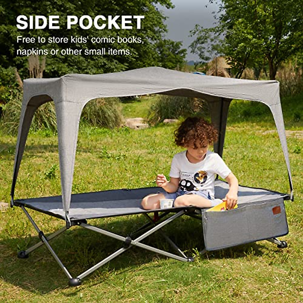 EVER ADVANCED Portable Deluxe Toddler Sleeping Cot with Canopy, Foldable Kids Camping Cot Travel Bed, with Carry Bag, for Indoor & Outdoor,140lbs, Grey